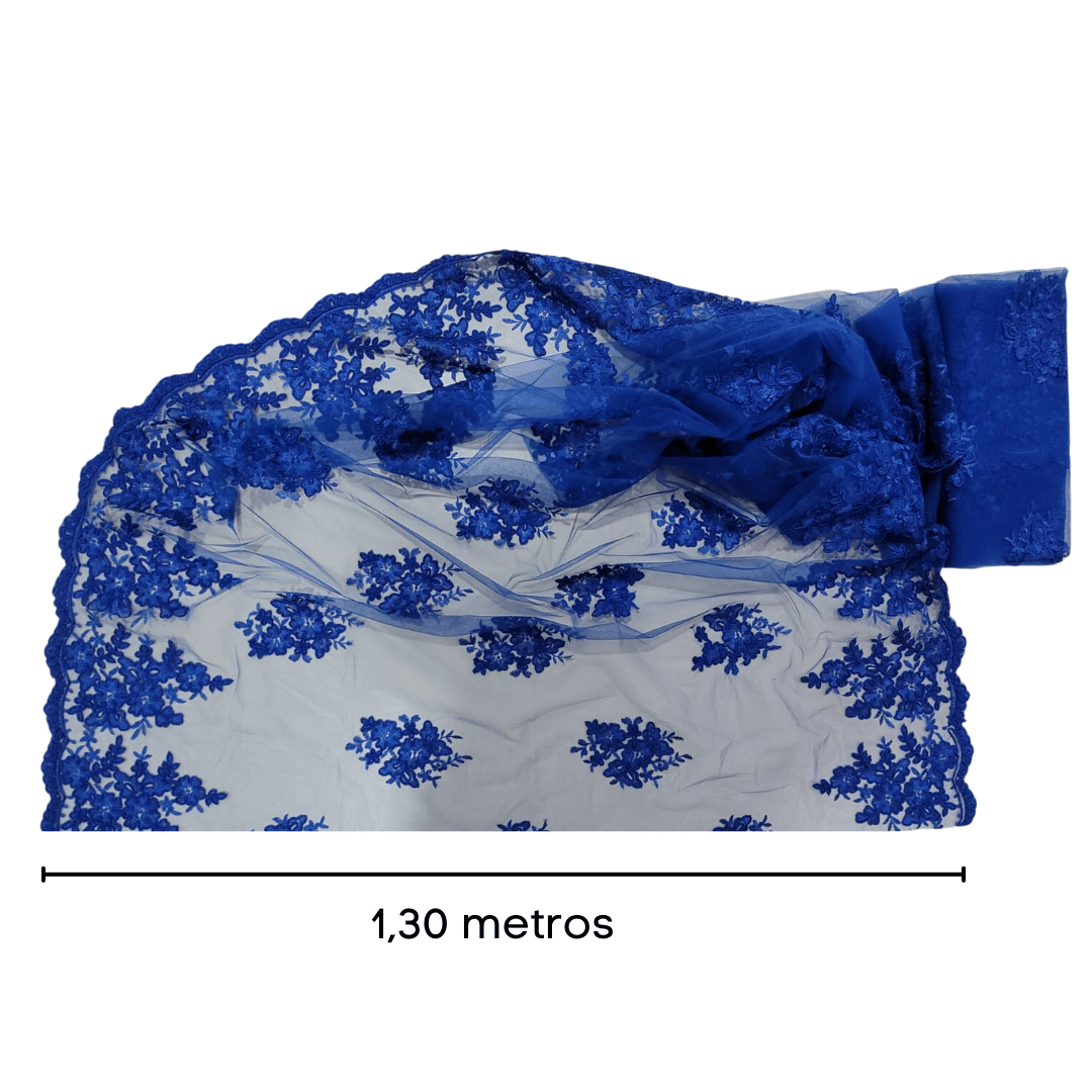 Renda para Vestido de Festa Tule Bordado Azul Royal em Metro - 1,30m x 1m